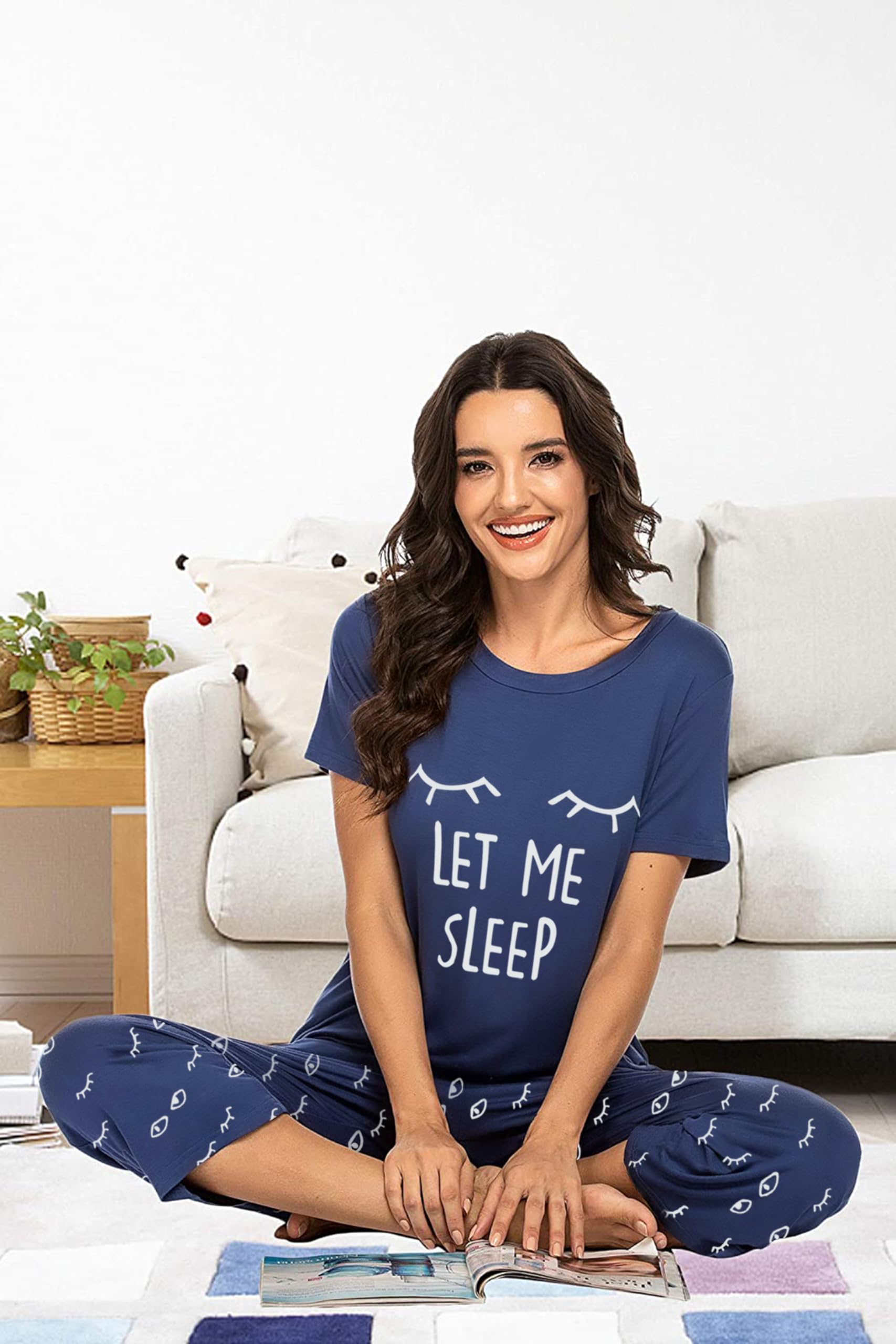 Ekouaer Women Pajamas Set Short Sleeve Summer Lounge Sets Sleepwear Tops with Capri Pants Two Piece Pj Set Navy Blue