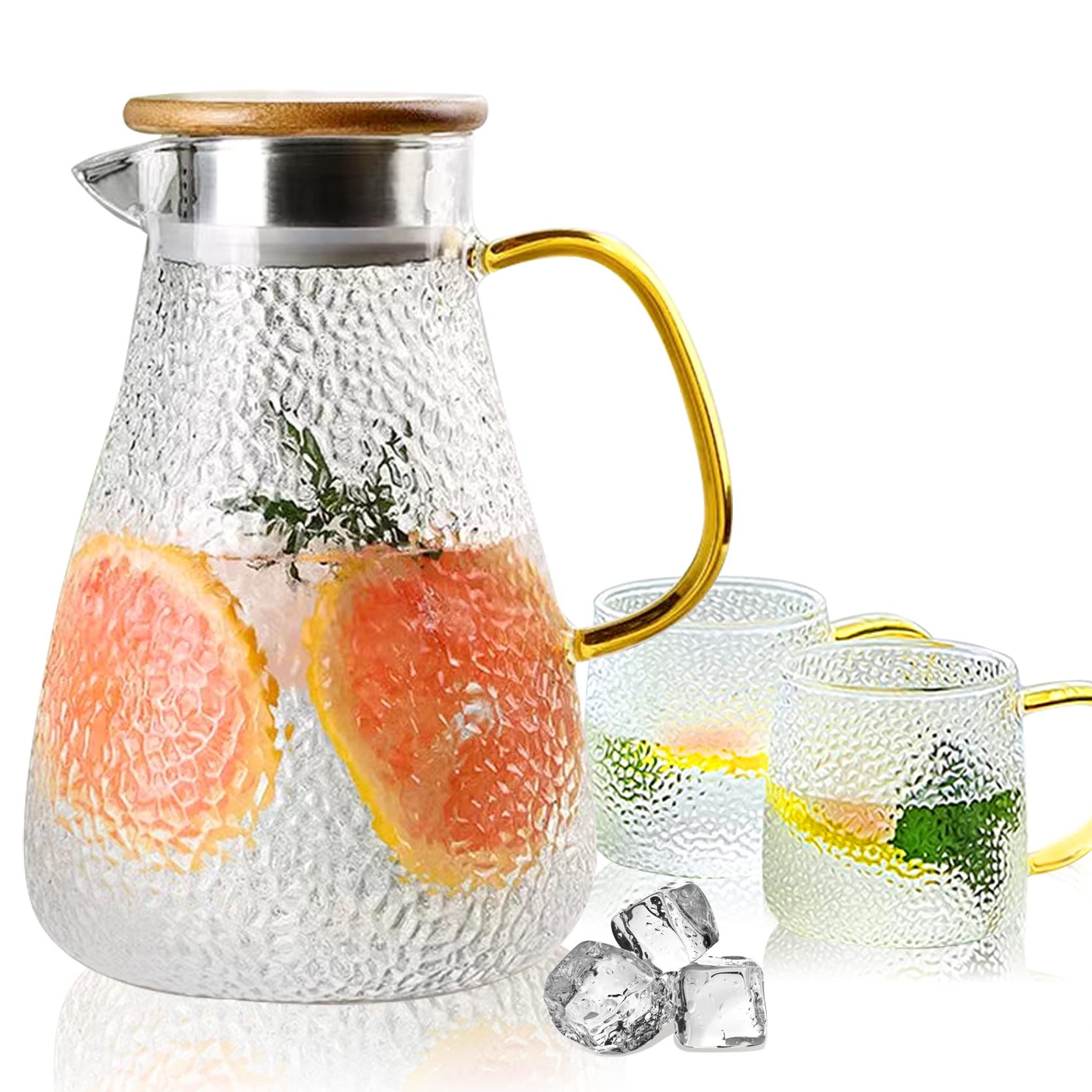 Glass Pitcher with Lid with 2 Cups, Durable 0.52 Gal Glass Pitcher with Handle with 2 Glass Cups, Water Carafe with Cups Teapot Set Gift for Hot/Cold Beverage, Juice or Tea