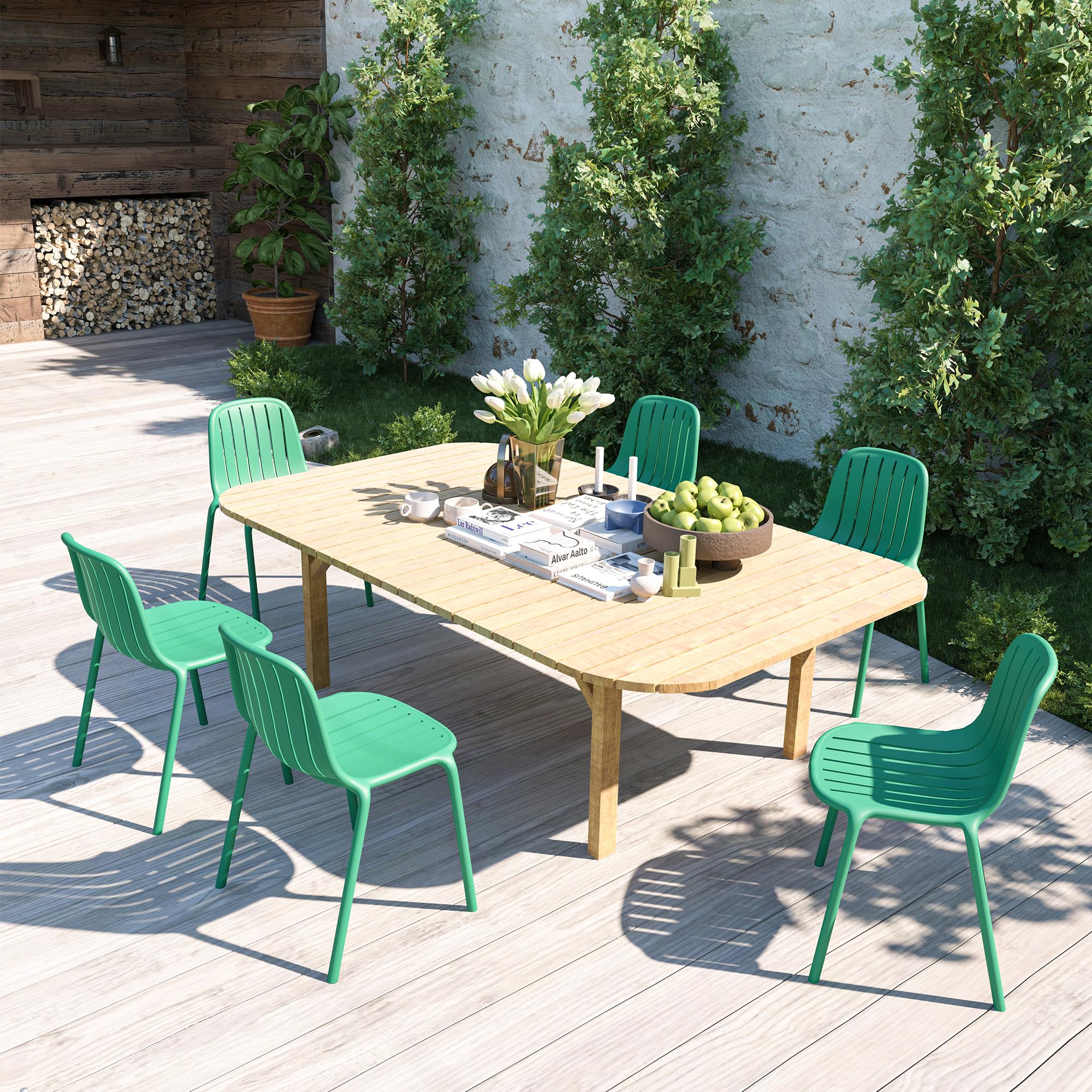LESHI Patio Dining Chairs Plastic Stackable Chairs with Breathable Design Modern Simple Art Style for Dining Room Balcony Restaurant Kitchen Table Patio Indoor-Outdoor (Dark Green, 2 Pack-Armless)