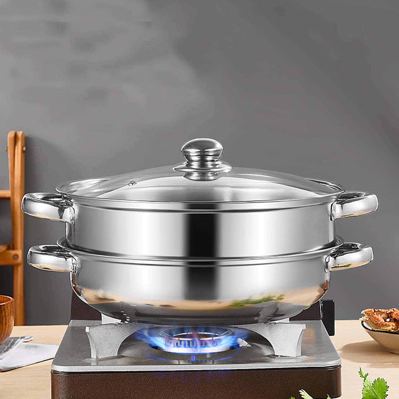 ZENFUN Steamer for Cooking, Steamer Pot with Steamer Insert, 2 Tier Stack and Steam Pot Set with Glass Lid, Stainless Steel Steamer Pot Double Handle, 11 Inch(Thickened)