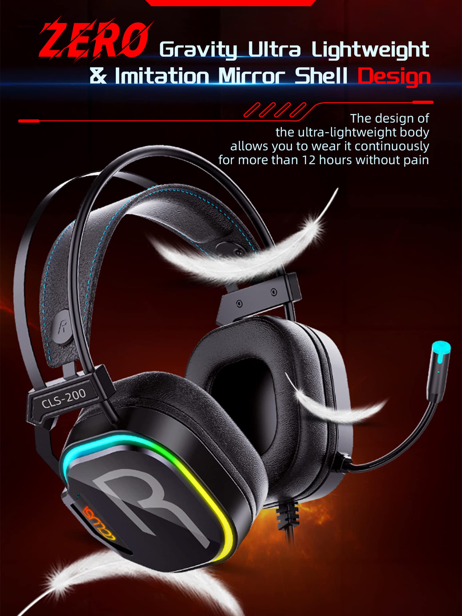 Gaming Headset for PS4, PC Gaming Headphone with RGB Streamer Gradient Headband and Noise Reduction Mic, 7.1 Surround Sound Suspended Wired Headsets for PS5, PC, PS4, iMac, Laptop