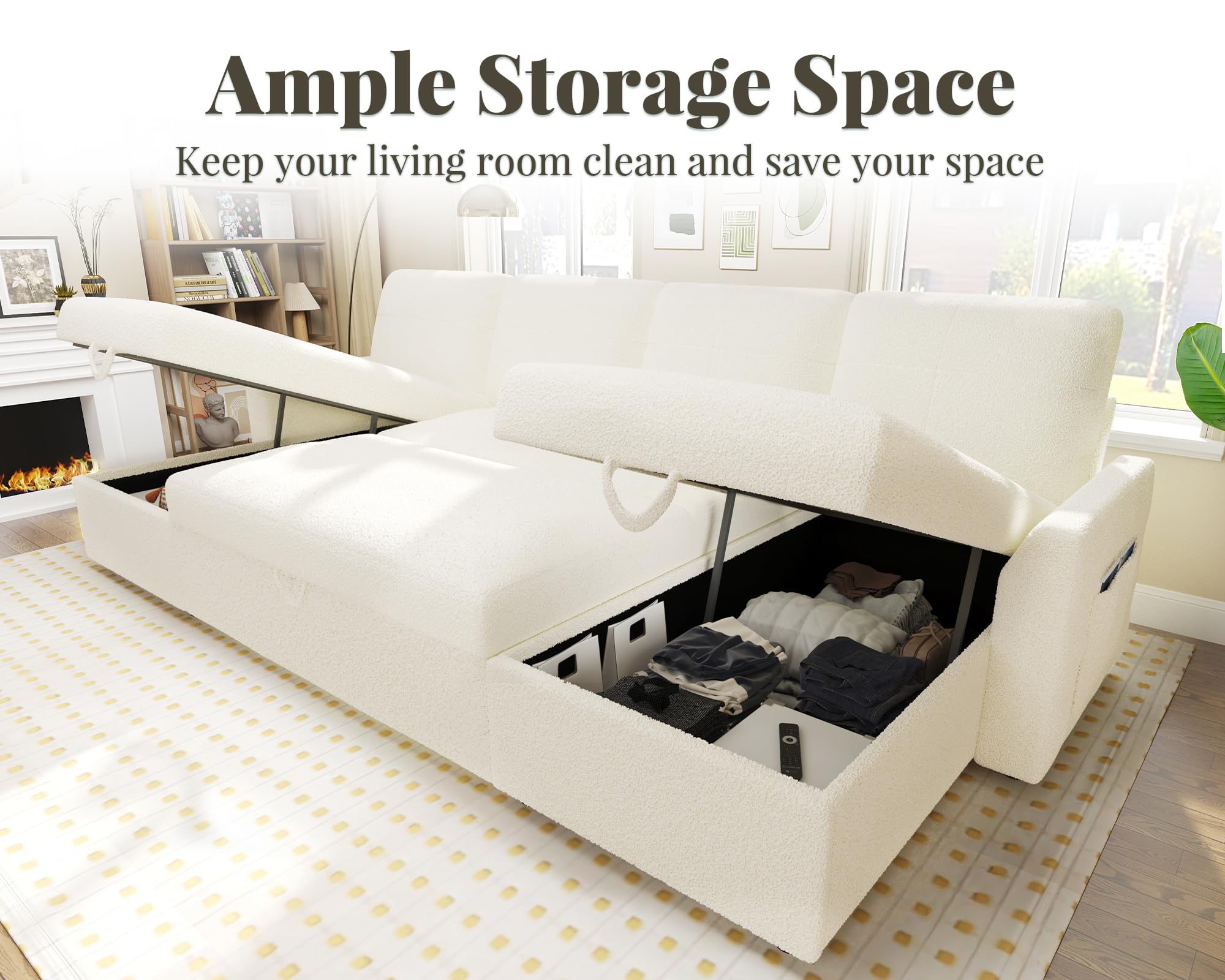 PaPaJet 110 Inch Sleeper Sofa, Oversized Pull Out Couch with Double Storage Chaise,U Shape Couches for Living Room-Offwhite Boucle