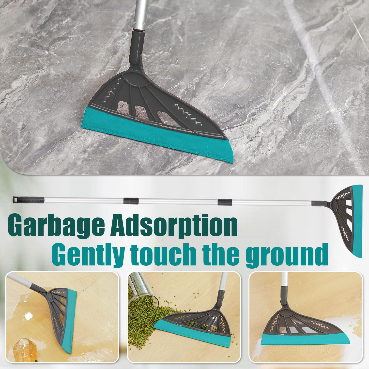 Magic Broom with V-Shape Brush, 2 in 1 Squeegee Broom for Floor Cleaning, 60β Long Handle Silicone Broom Sets to Clean pet Hair, Ketchup, Glass Shards (Grey)