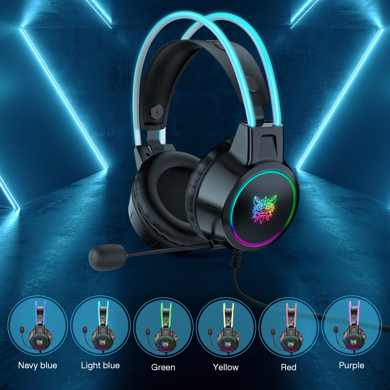Gaming Headset for PS4, PC Gaming Headphone with RGB Streamer Gradient Headband and Noise Reduction Mic, 7.1 Surround Sound Suspended Wired Headsets for PS5, PC, PS4, iMac, Laptop (Black)