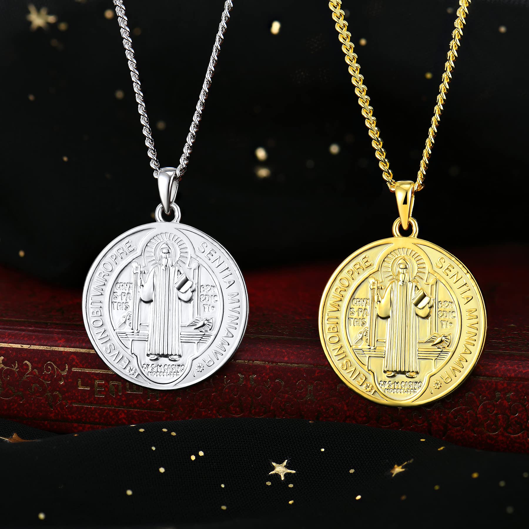 FJ Saint Benedict Necklace 925 Sterling Silver, NR Cross Protection Pendant,Round Coin Antiqued Religious Protector Talisman Pendant