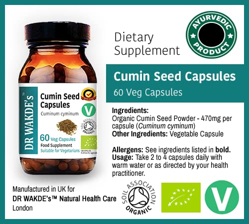 DR WAKDE'S Organic Cumin Seed Capsules, Organic | 60 Veg Caps | Ayurvedic Supplement | Vegan | 100% Herbal | Quantity Discounts | Same Day Dispatch