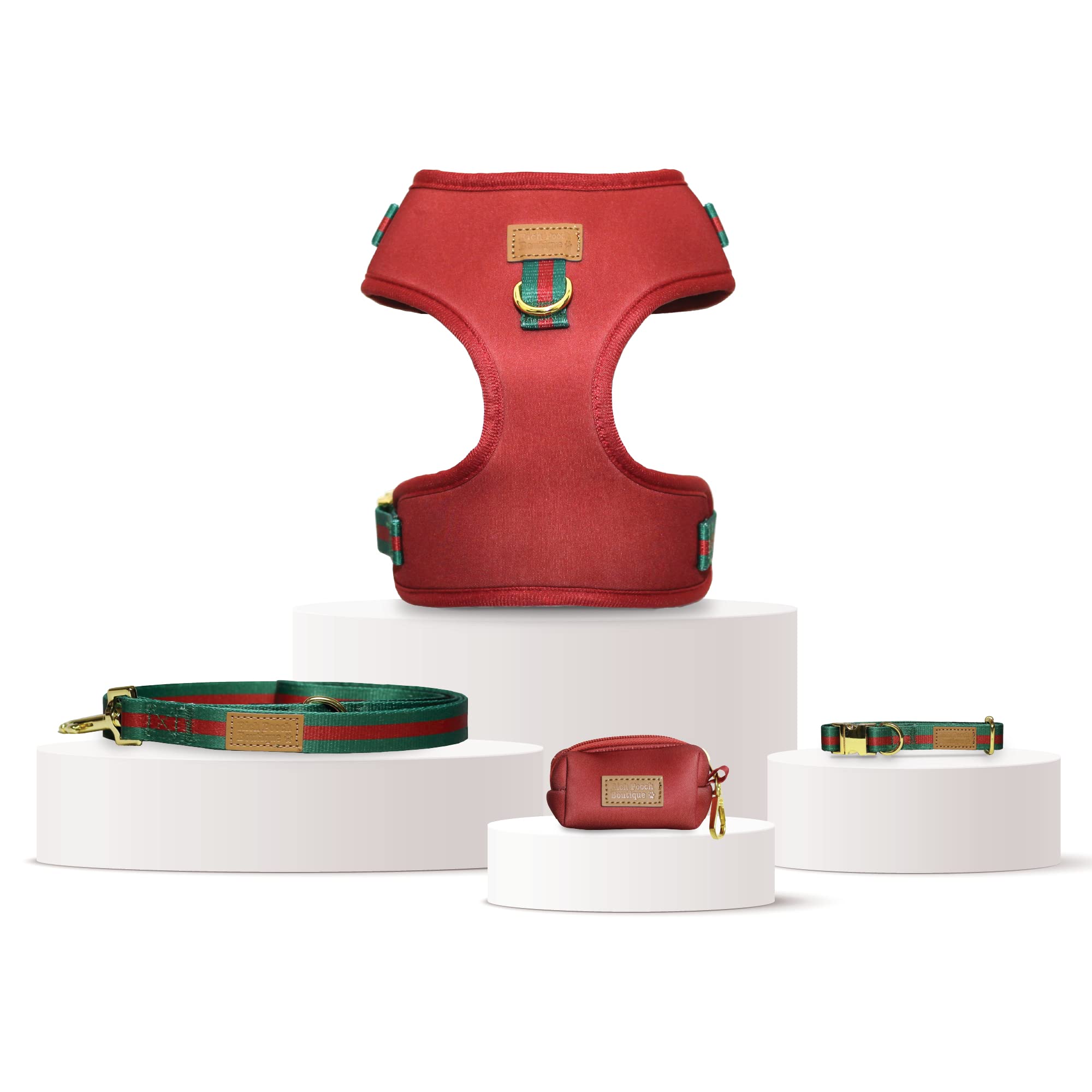 Rich Pooch Boutique Luxury Dog Bentley Harness Set in Red - Red Neoprene Padded Harness, Collar, Leash and Poop Holder Set Fits Small, Medium and Large Sized Dogs Free Poop Bag Included (M)