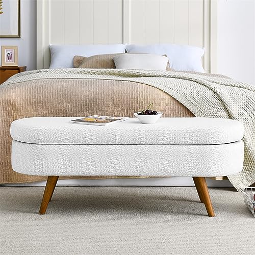 TRIPLE TREE 43.5" Storage Ottoman Bench with 250lb Seating, Linen Upholstered Wood Legs Safety Hinge Flip Top Oval Foot Rest Long Stool for Sofa Couch Bedroom End of Bed Living Room Entryway, White