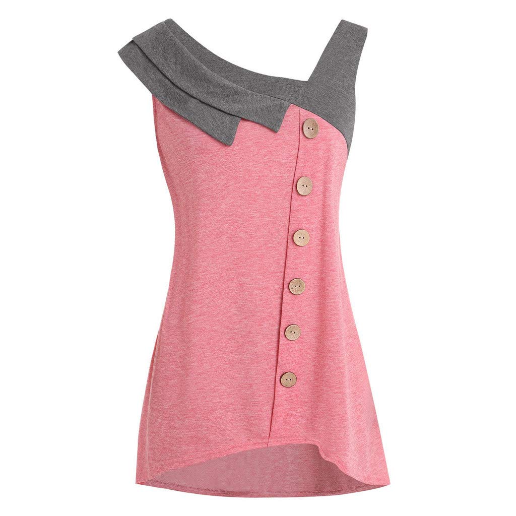 Women's Casual Sleeveless Tops,Loose Color Block Blouse Button T-Shirt Skew Neck Asymmetric Tank Tops Summer Tunic Pink