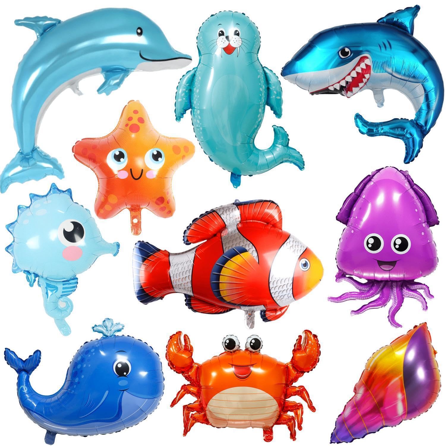 Jiahaoppx 10 Pcs Sea Animal Balloons, Large Shark Dolphin Whale Octopus Fish Hippocampus Crab Sea Lion Conch Starfish Ocean Foil Balloons for Sea Underwater Animals Theme Party Decoration