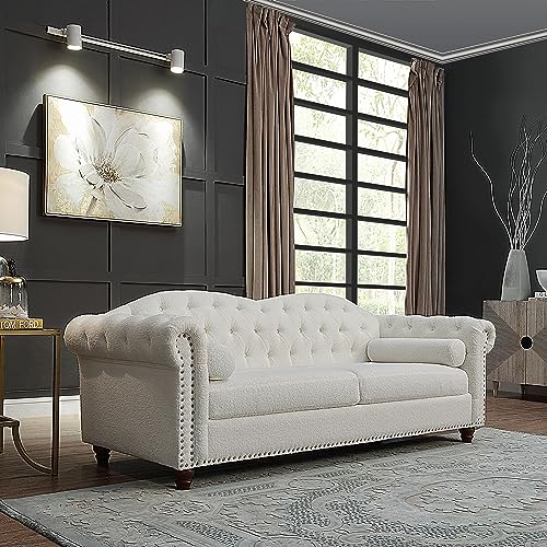 kevinplus 81'' Chesterfield Sofa Couch for Living Room, Modern Classic 3-Seat Upholstered Tufted Rolled Arm Fabric Sofa Couch for Apartment Bedroom Office, Solid Wood Leg, White