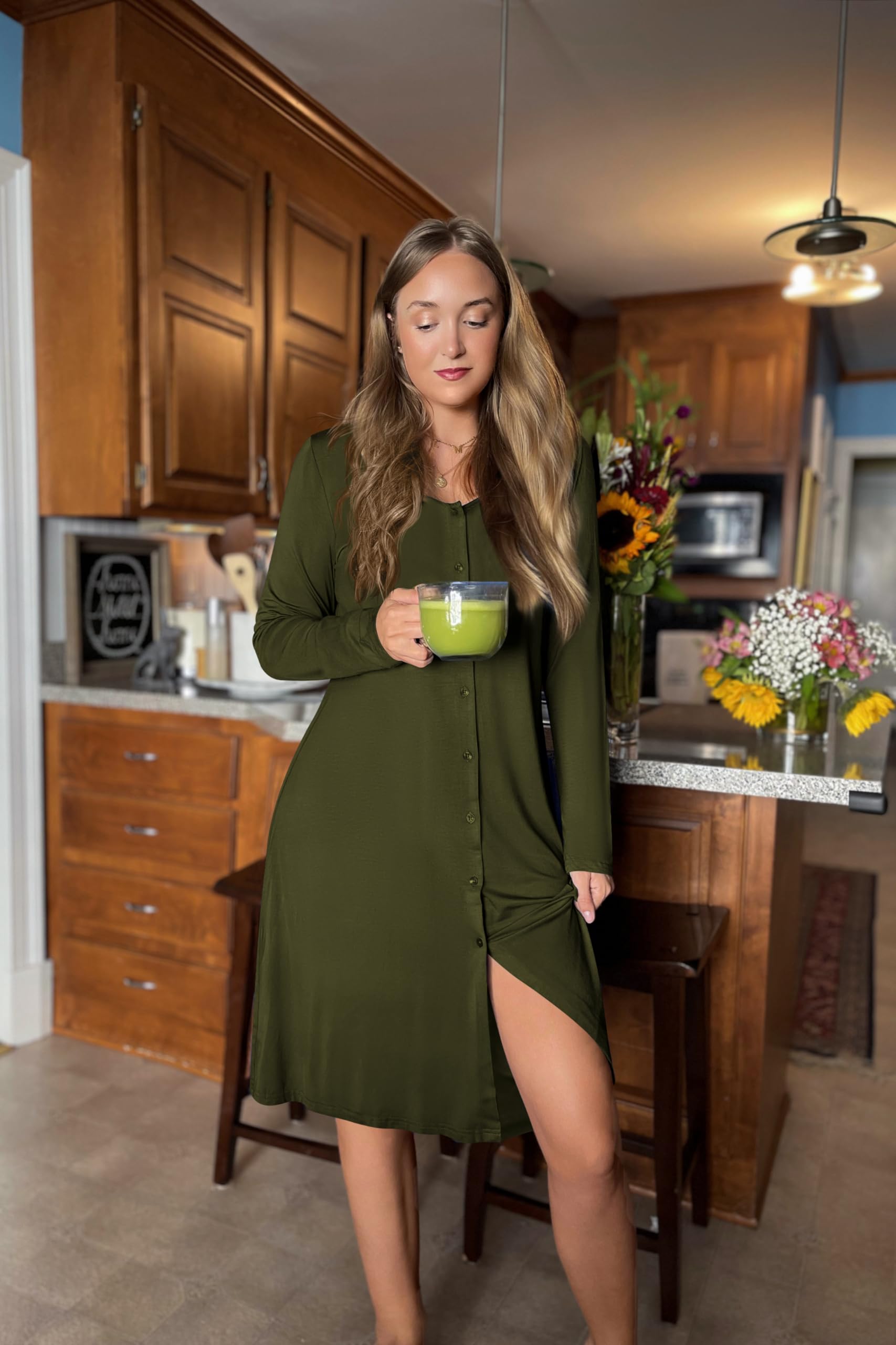 Ekouaer Women's Nightgown V Neck Button Down Sleepwear Long Sleeves Nightshirts Soft Button Sleep Dress Army Green