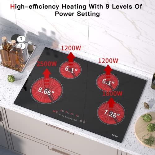 Electric Cooktop 30 inch Ceramic Stove 4 Burners Built-in Stove Top Electric Hot Plate Satin Glass cooktop in Black Touch Sensor Control/Timer/Child Safety Lock/9 Power Levelsr/220-240V 6700W