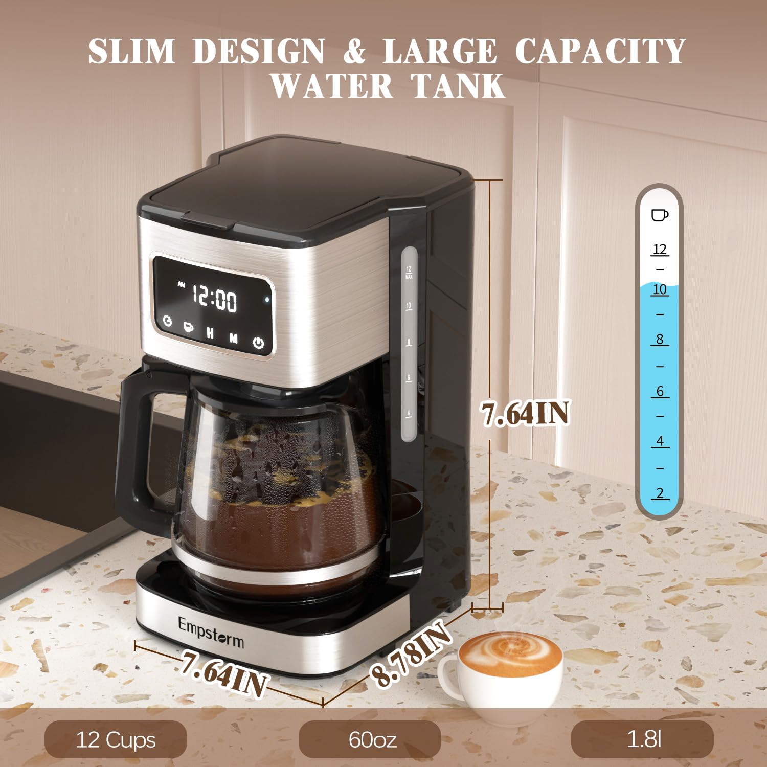 Empstorm 12 Cup Programmable Drip Coffee Maker - 1000W Fast Brew Coffee Machine with Glass Carafe, Auto Shut Off & 4-Hour Keep Warm, Anti-Drip System, Strong Brew, Black with Stainless Steel Accents