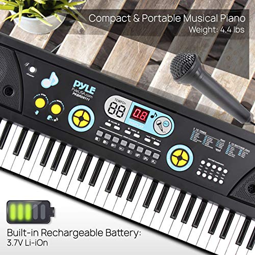 Digital Piano Kids Keyboard - Portable 61 Key Piano Keyboard, Learning Keyboard for Beginners w/ Drum Pad, Recording, Microphone, Music Sheet Stand, Built-in Speaker - Pyle PKBRD6111 (Renewed)