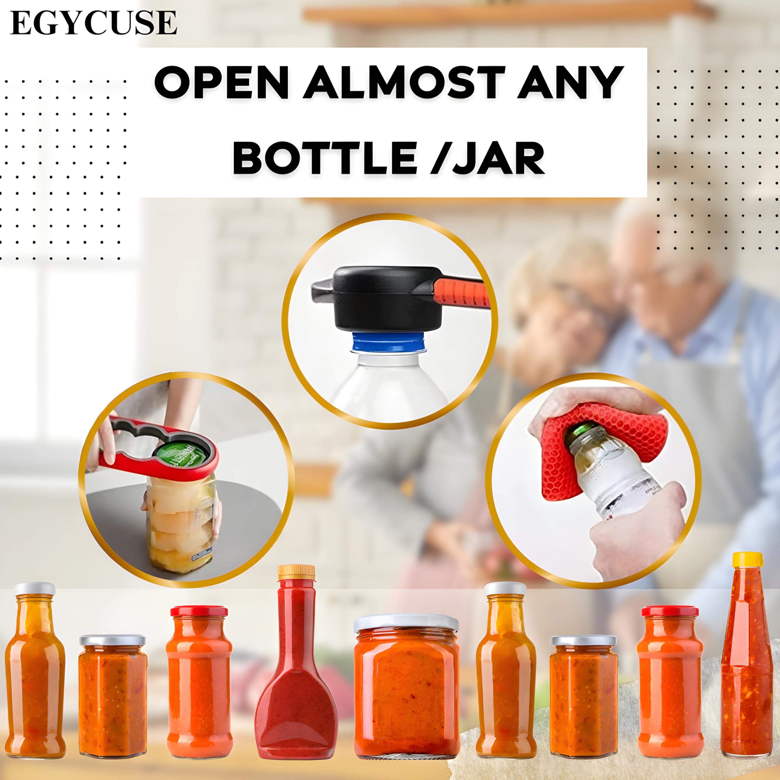 EGYCUSE Jar Opener Bottle Opener for Elderly Sufferers Children Weak Hands Seniors with Arthritis Can Opener Jar Lid Opener Jar Gripper Pad Silicone Handle 5-in-1 Multi-functional 3 Pc Set