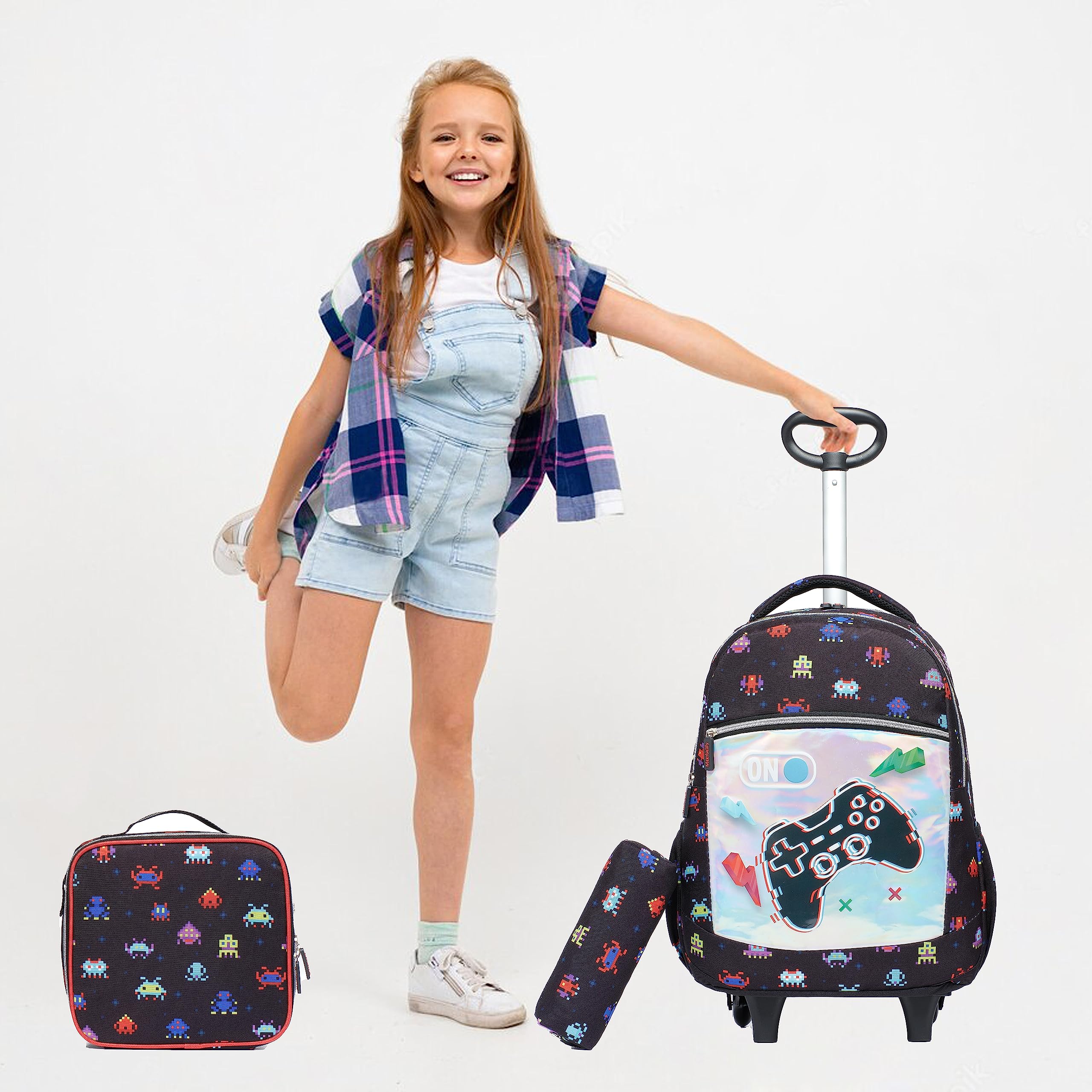 Egchescebo Kids Rolling Backpack for Boys Suitcases Backpacks 18" 3PCS Travel Luggage Roller Backpacks Wheels with Lunch Box Pencil Case for Elementary Trolley School Bag with Gamepad Dark Blue