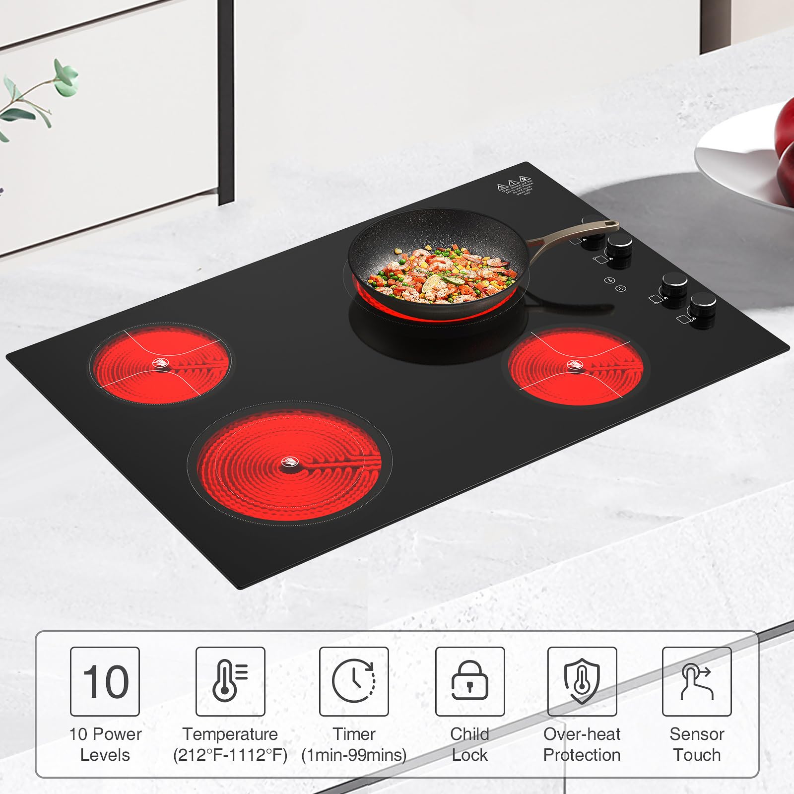 Electric Cooktop 30 Inch, Electric Stove Top 4 Burner 7200W, POTFYA Build-In Electric Ceramic Cooktop for Cooking, 220-240V, Knob Control,No Plug,Suitable for all Pans