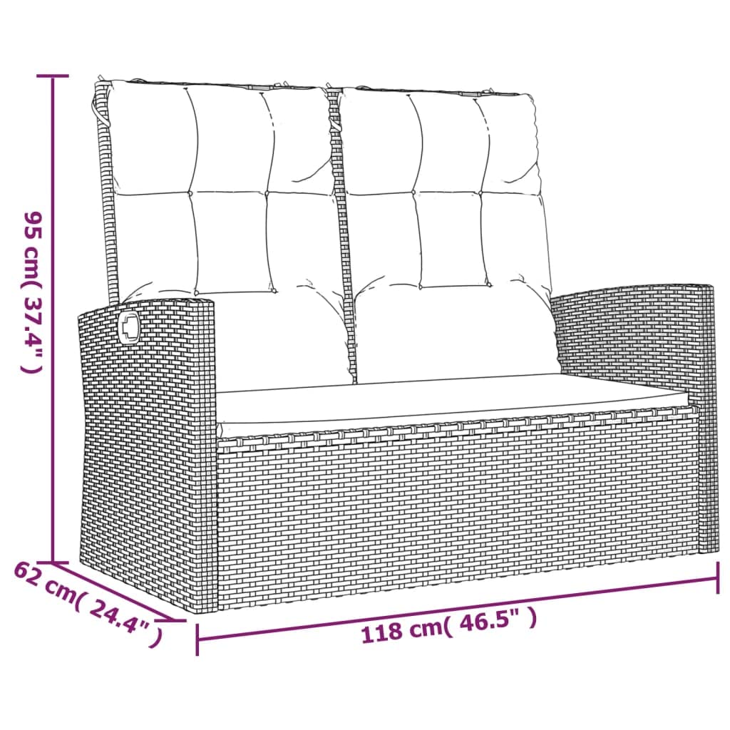 KTHLBRH Reclining Patio Bench with Cushions Gray 46.5" Poly Rattan Garden Bench Deck Bench Porch Bench Outdoor Bench for patios, Gardens, Decks