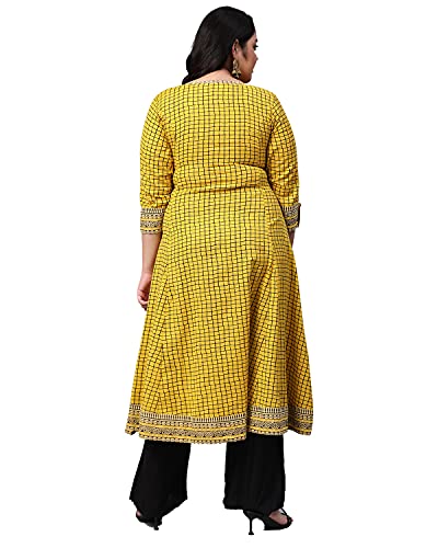 Yash Gallery Women's Cotton Slub Checks Print Anarkali Kurta (White)