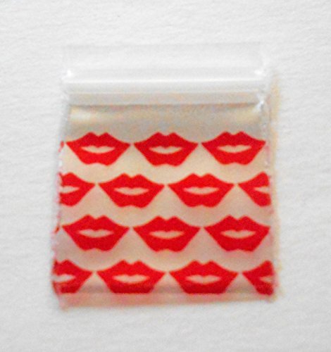 Small Poly Bags (1"x1") Mini Plastic Baggies, Thick 2mil, Designer Rave Party Pouches (1010) Tiny Ziplock Dime Bag (100, Red Lips on Silver)