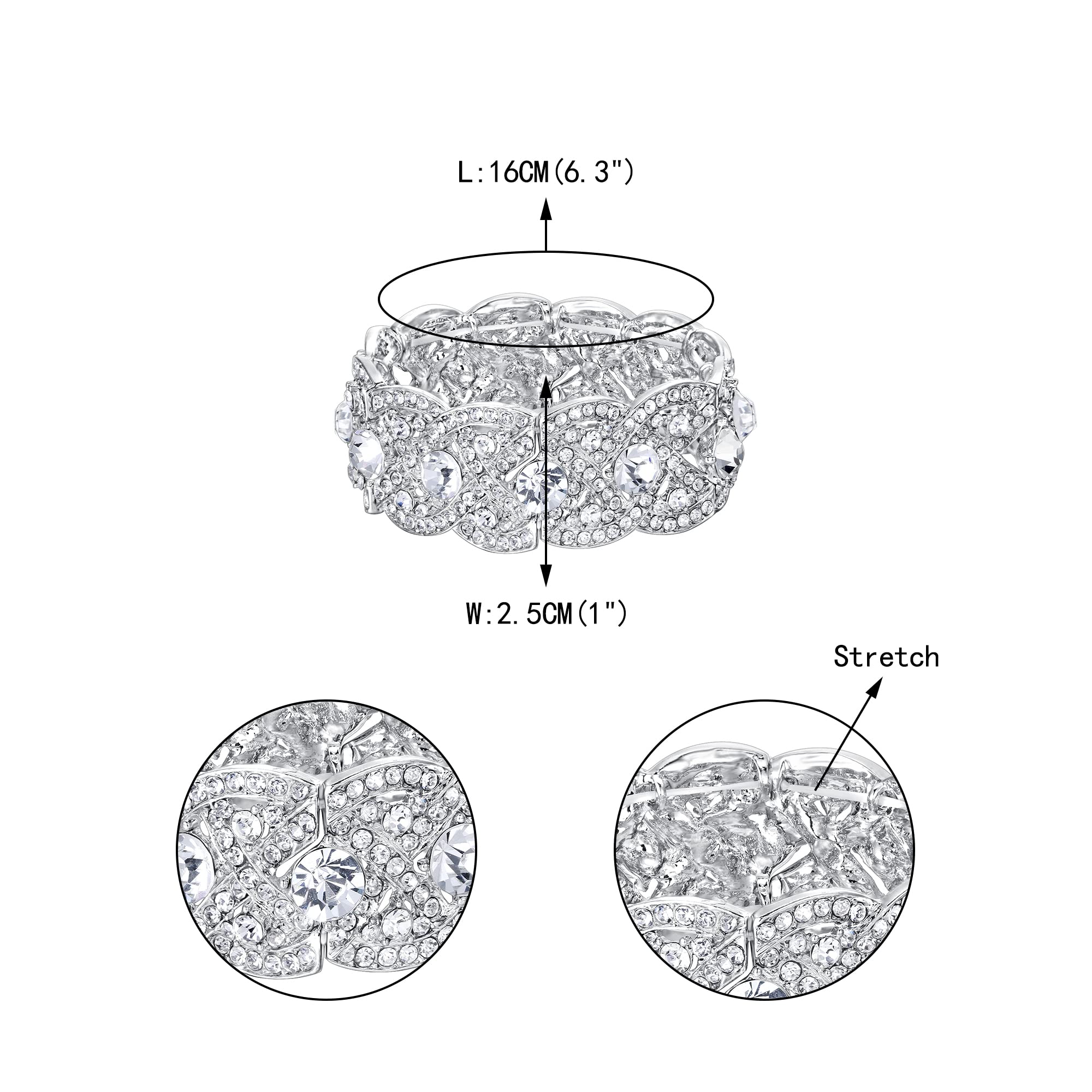 EVER FAITH Austrian Crystal Costume Jewelry Art Deco Elastic Stretch Bracelet Clear Silver-Tone
