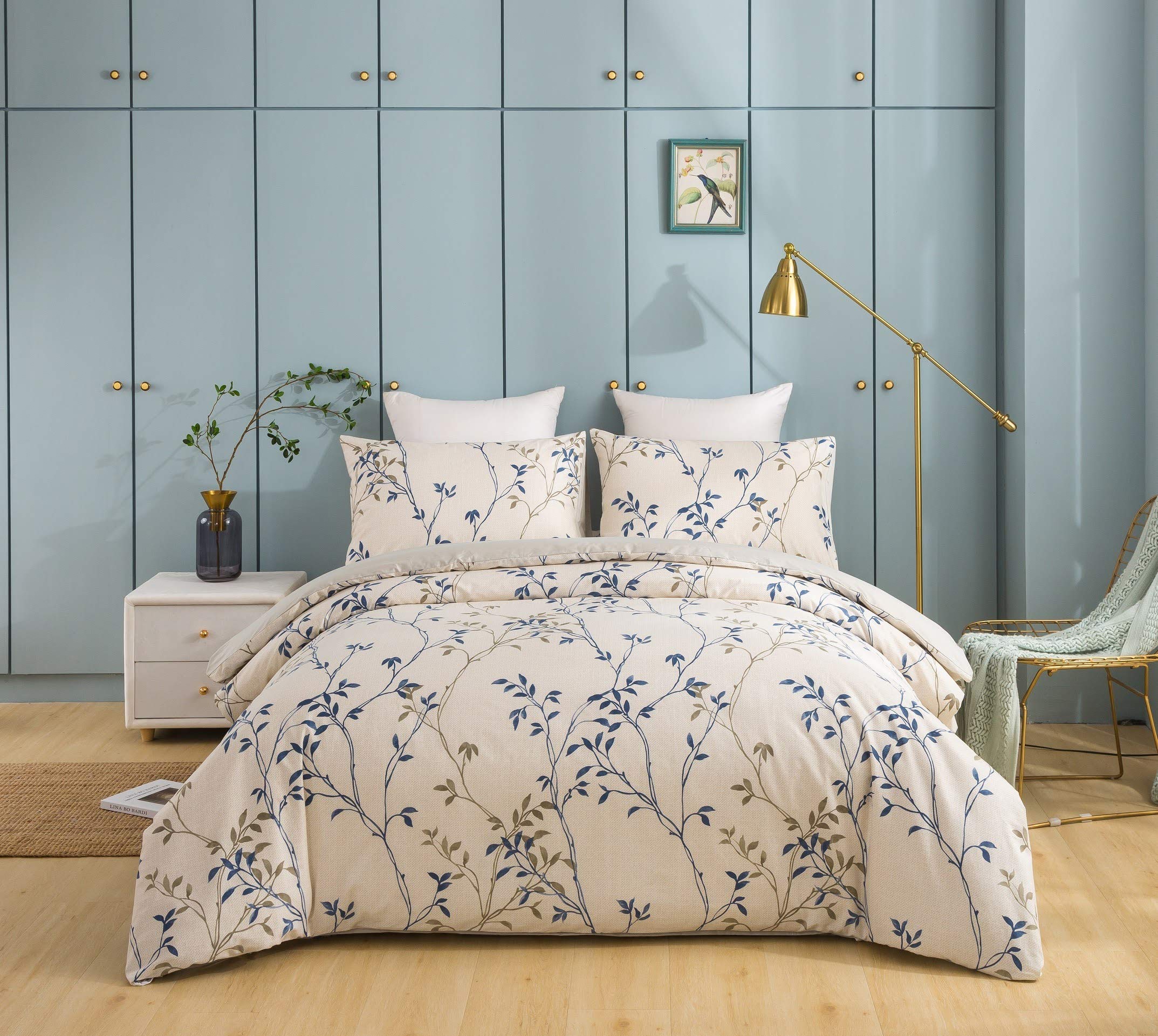 Tache Elegant Leaf Vine Nature Earthy Floral Neutral Cream Beige Tan Blue Breathable Poplin Cotton Zipper Duvet Cover, King