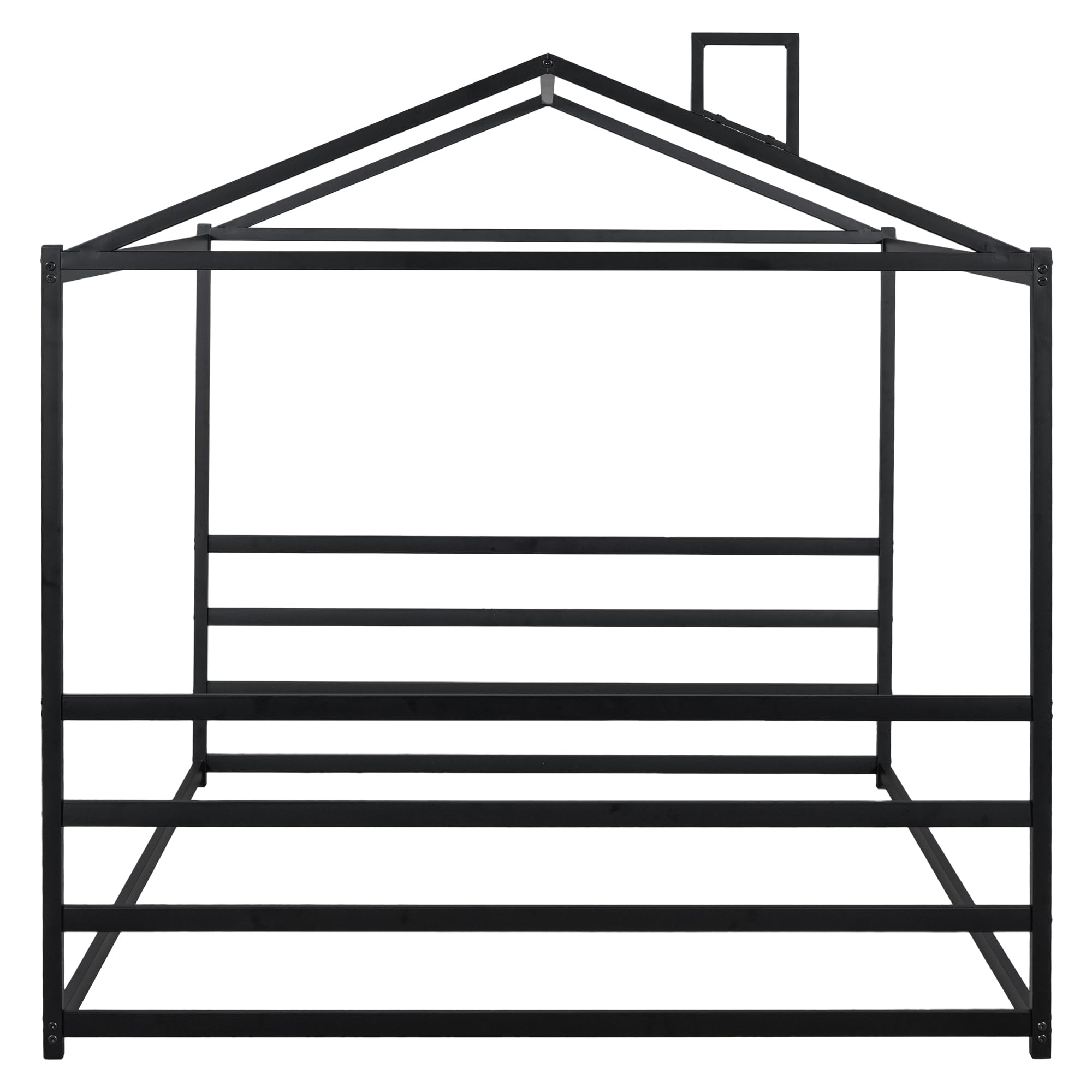 Merax Queen Size Metal House Bed with Roof, Floor Beds with Sturdy Steel Bedframe for Boys and Girls, No Box Spring Needed, Black
