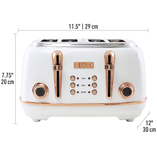 HADEN Heritage Stainless Steel Bread Toaster - 4-Slice Wide Slot Toaster with Button Settings, Removable Crumb Tray with Bagel and Defrost Settings - Ivory and Copper