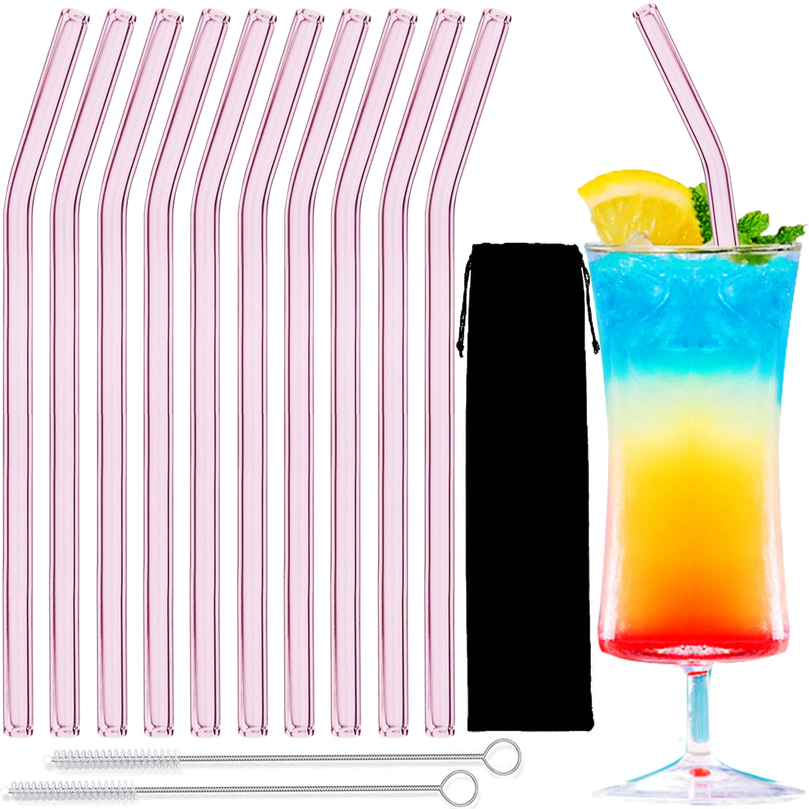 Glass Straw - 10pcs Pink Bent Glass Straw Set, 8'' Reusable Straws With Cleaning Brush For Tumblers, Tervis, Starbucks Cups, Mason Jars - STRAW0020-TR-10 (Pink Bent 10pcs) (Pink 10pcs)