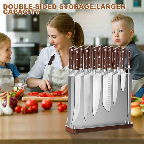 Magnetic Knife Holder Stand Block: Double Sided Magnetic Knife Holder Without Knifes Stainless Steel Knife Display Storage Rack for Kitchen Counter with Strong Enhanced Magnet and Wood Base - Silver