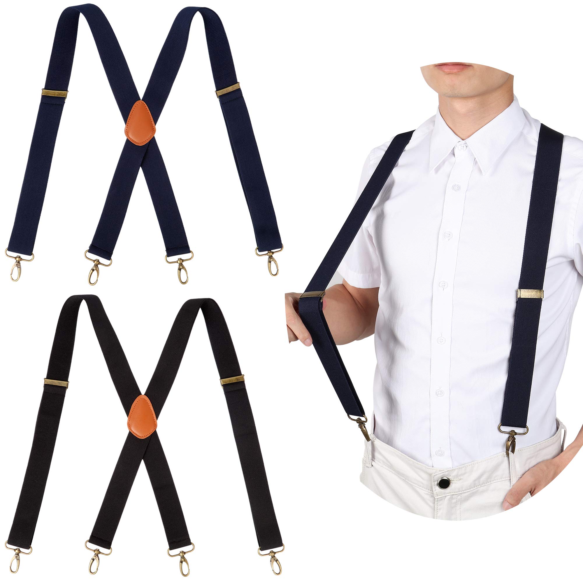 DICCO 2PCS Men Suspenders Heavy Duty Big and Tall Adjustable Elastic Braces for Work X-Back (black，dark blue)
