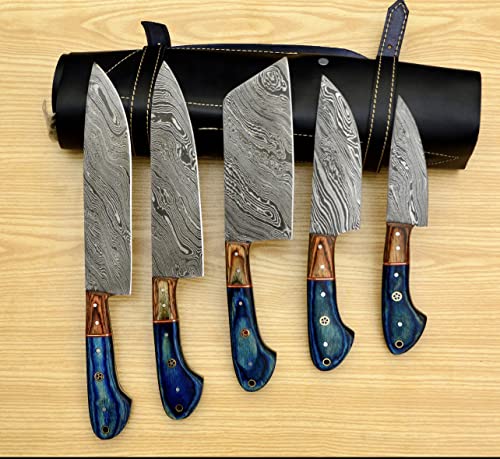 Handmade 5 Pieces Set, Knife Hand Forged Chef Knives Kitchen Set Damascus Steel Knives Gift Item for Her,Fine Tool Professional Chef Knives Set Vegetable Meat Cooking Knife with BLUE Solid Wood Handle