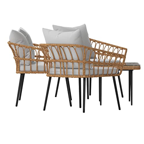 Taylor & Logan Iya 4 Piece Boho Rope Rattan Patio Conversation Set with Tempered Glass Top Coffee Table and Gray Cushions for Indoor/Outdoor Use, Natural