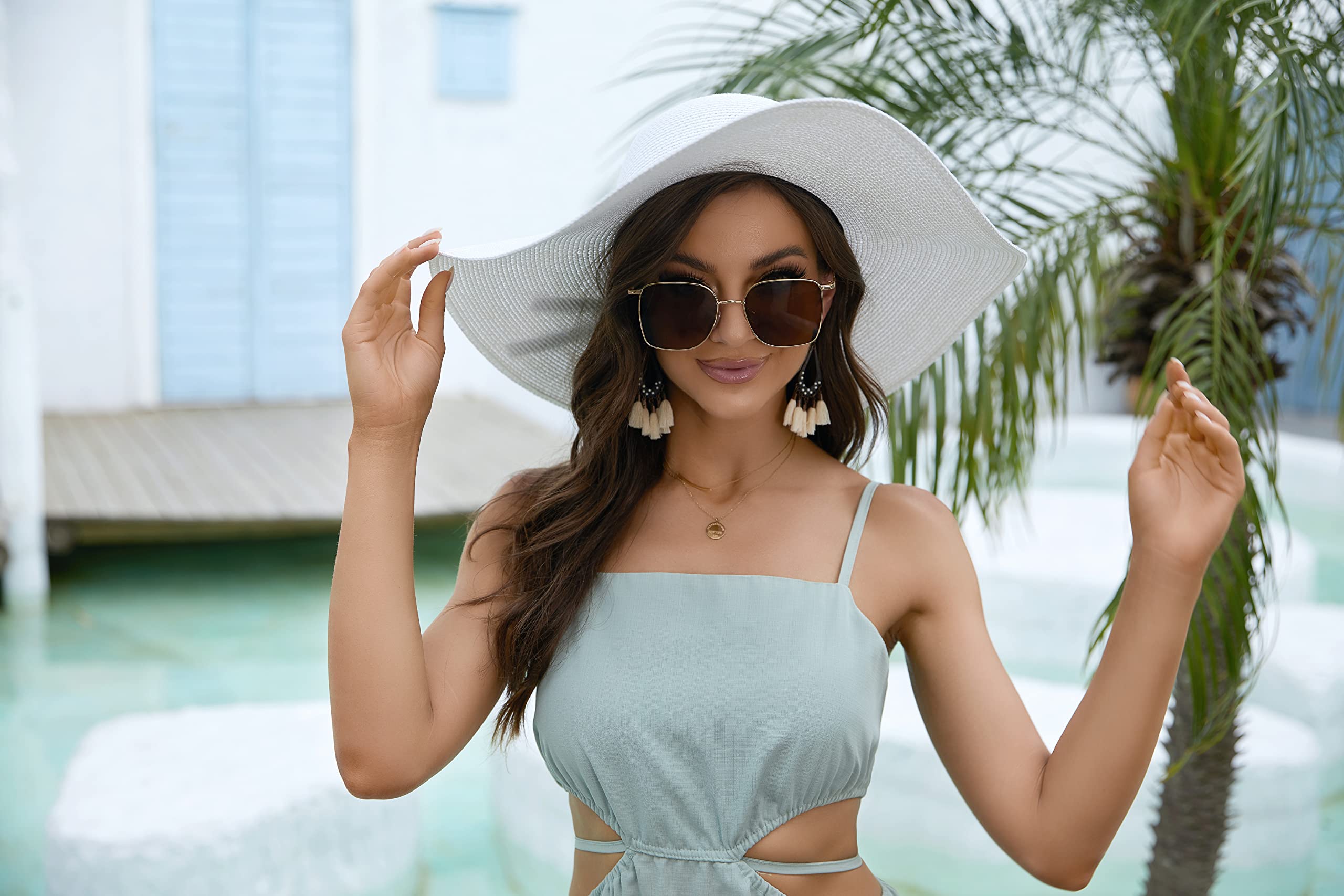 IRIS CRAFT Wide Brim Beach Sun Straw Hat Women UV UPF50 Travel Floppy Summer UV Hat, Black & Braids