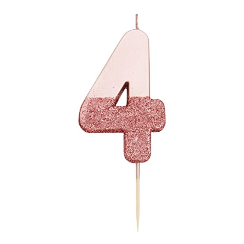 Rose Gold Glitter Number 4 Candle | Premium Quality Cake Topper Decoration | Pretty, Sparkly for Kids, Adults, 40th Birthday Party, Anniversary, Milestone
