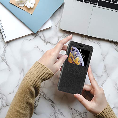 Shantime for Oppo Reno 10 Pro Plus 5G Case, Wood Grain Leather Case with Card Holder and Window, Magnetic Flip Cover for Oppo Reno 10 Pro+ (6.74”) Black
