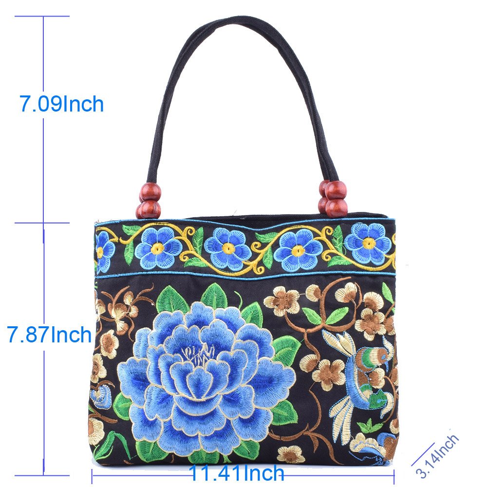 Vintage Embroidery Women Boho Mandala Messenger Bag Shoulder Bag (Blue Peony)