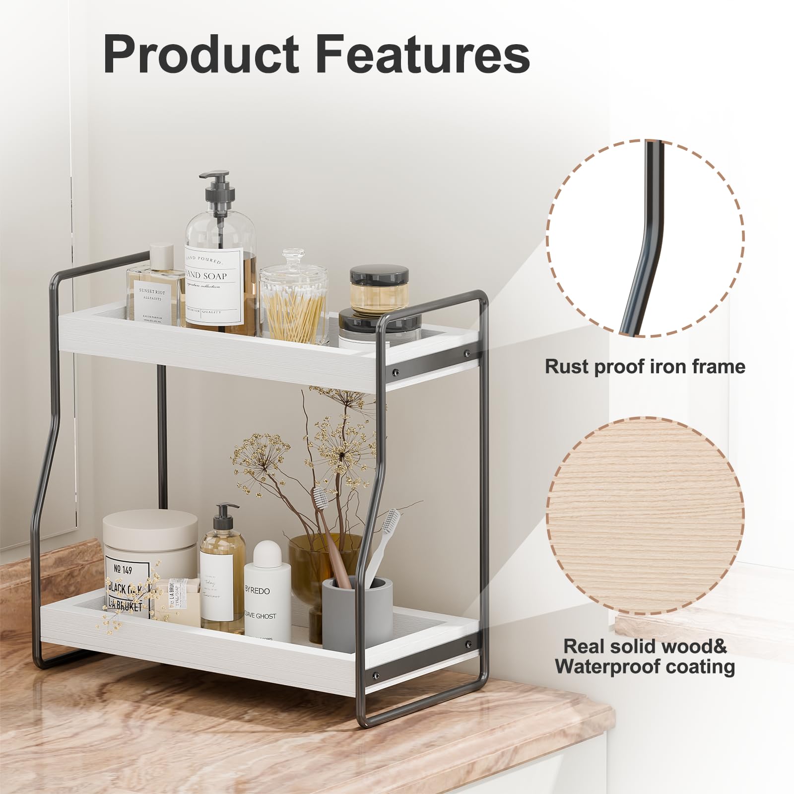 Messmenos Bathroom Organizer Countertop, 2 Tier Solid Wood Vanity Counter Storage Tray, Wooden Stand Organization Shelf for Kitchen&Coffee Bar, Storage Rack for Makeup Perfume Skincare (White)