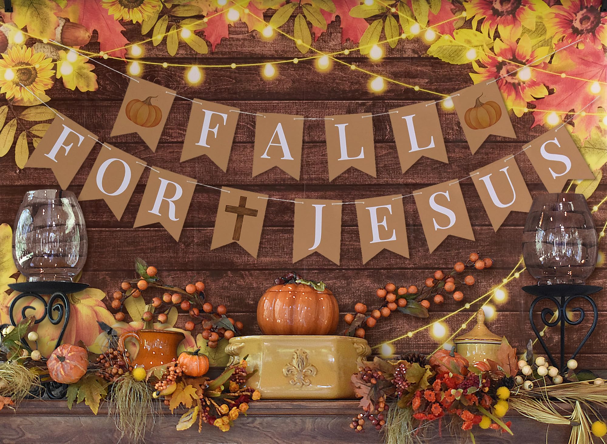 Funnytree Fall for Jesus Decor Props Kit - a 5.9 x 3.6 FT Backdrop/Cards/Ribbon - Party Supply Set for Photo Booth Background