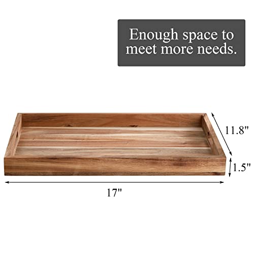 YOUEON Set of 2 Acacia Wood Serving Tray with Handles, 17x11.8x1.5 Inch Decorative Serving Trays, Ottoman Tray, Coffee Table Tray, Rectangle Wood Tray for Food, Breakfast, Lunch, Dinner, Appetizer
