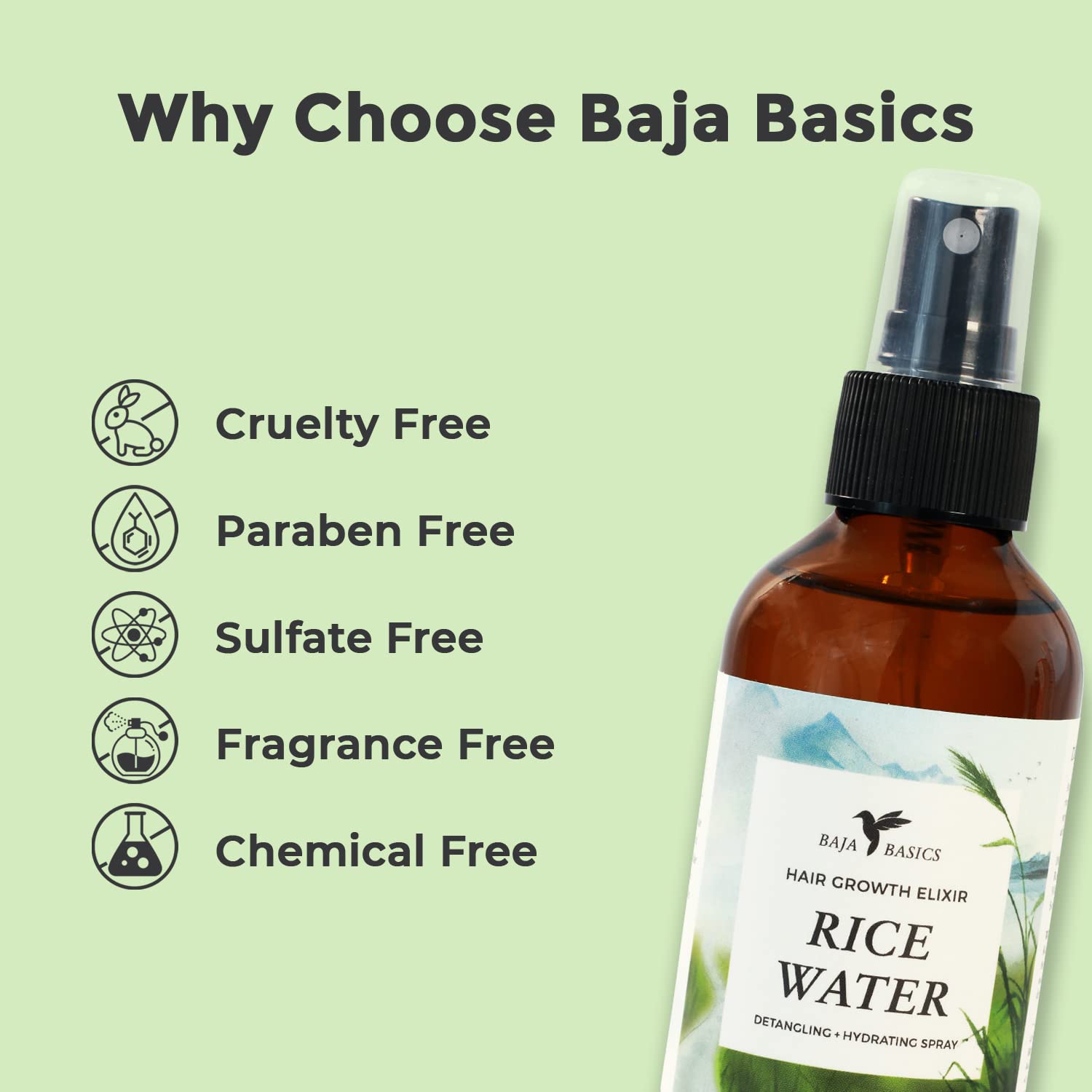 Rice Water For Hair Growth by Baja Basics, Thickness, Strength, Shine - Leave-in Conditioner for Scalp, Dry Split End Moisturizer - Mist Spray for Curly, Straight, Thick, Thin Hair 4oz