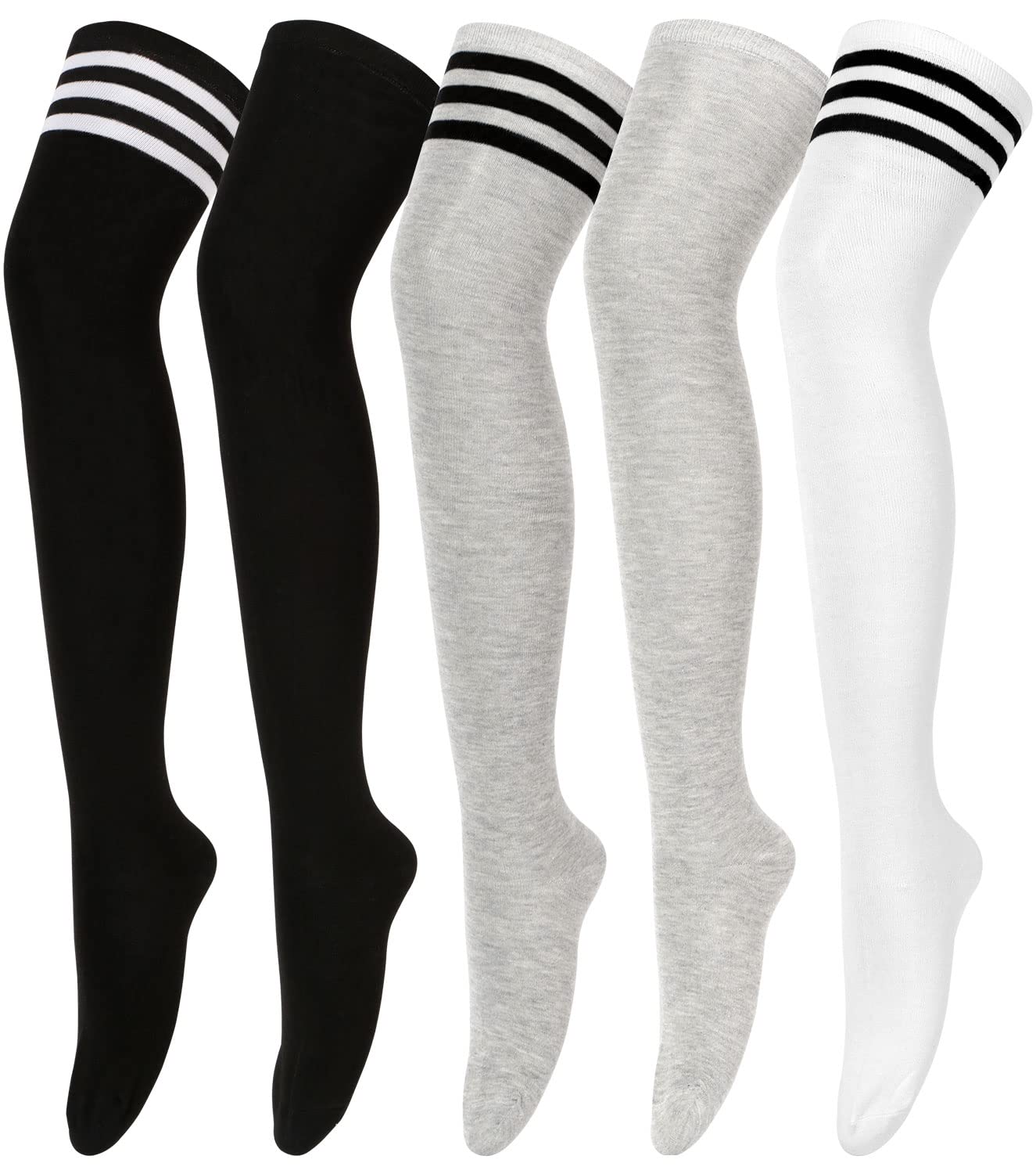 Dimore 5 Pairs Womens Thigh High Socks Over the Knee High Striped Stocking Boot Leg Warmer Long Socks for Daily Wear Cosplay