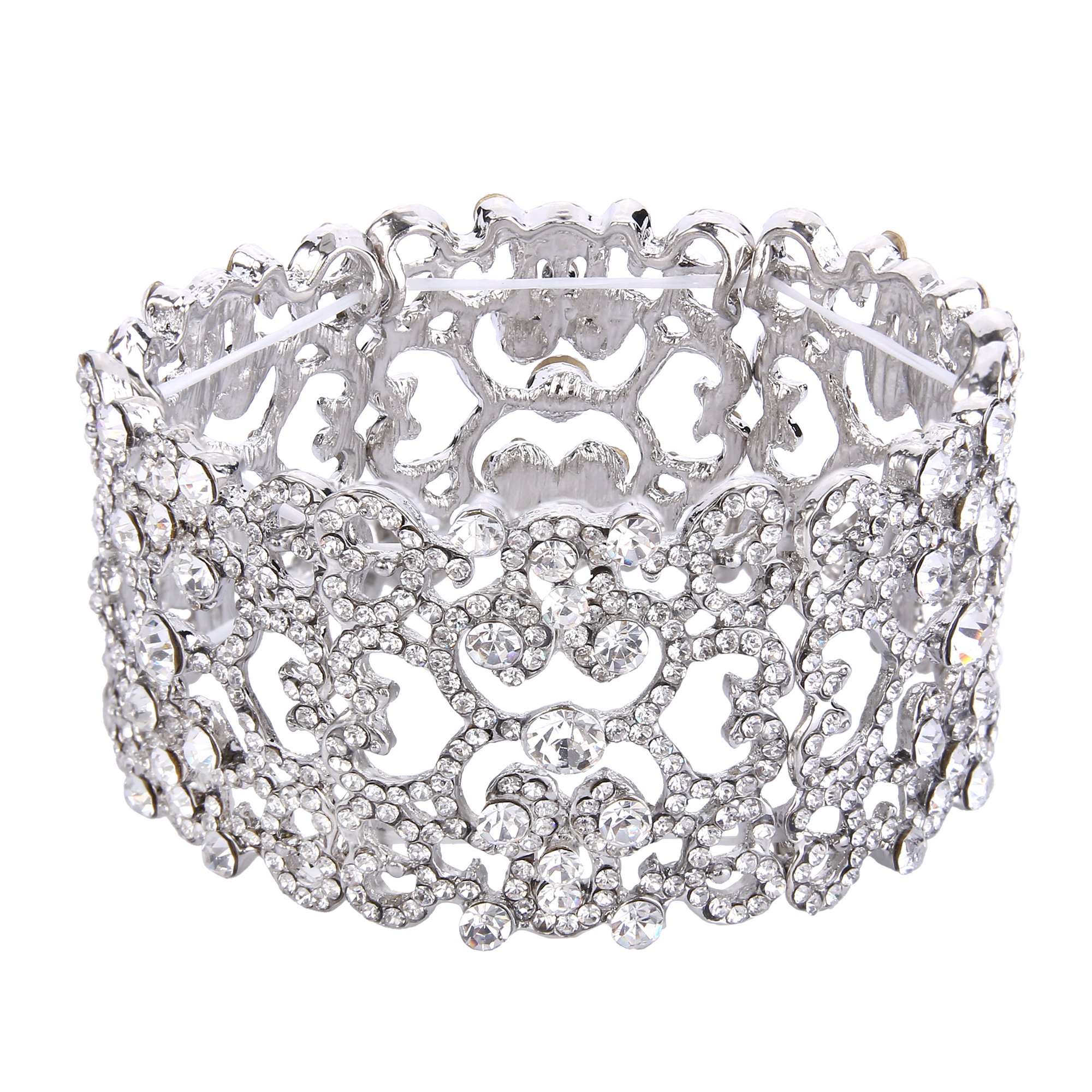 EVER FAITH Women's Austrian Crystal Bride Heart Art Deco Elastic Stretch Bracelet Clear Silver-Tone