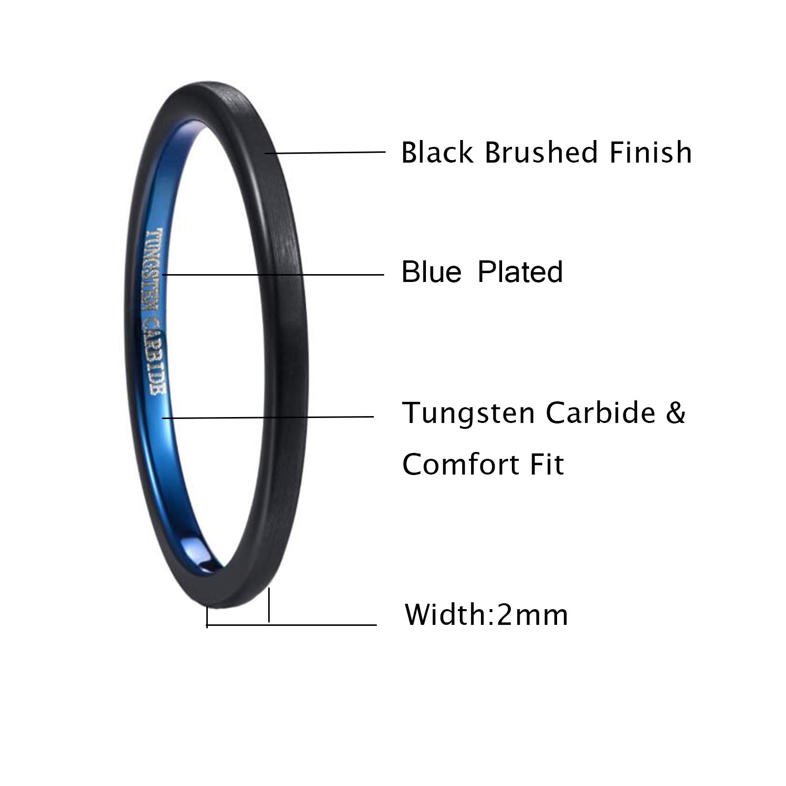 GALANI 2mm Tungsten Carbide Ring for Women Tungsten Wedding Ring Blue&Black Thin Engagement Propose Promise Ring Comfort Fit Size 8