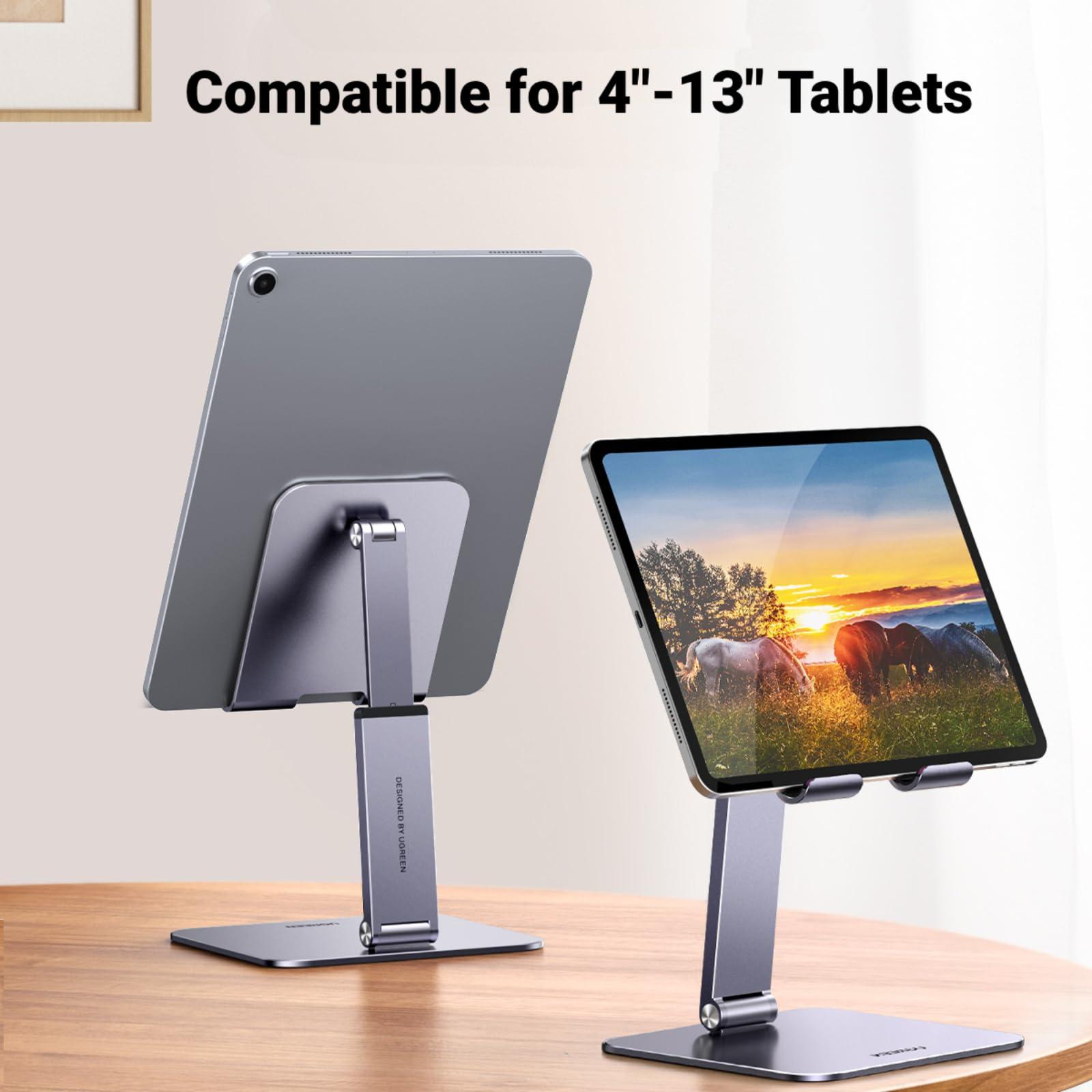 UGREEN Tablet Stand Holder for Desk Height Adjustable Aluminum Foldable Desktop Tablet Holder Wide Base Dock Multi-Angle Riser Compatible with 2024 iPad Pro 13 12.9, 11, 10.5 Air Mini 6 5, Grey