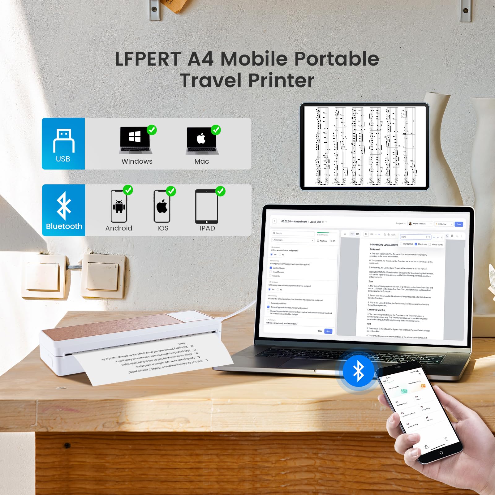 LFPERT A4 Portable Printer Wireless - Inkless Printer Compatible with iOS,Android,Mobile Phones and Laptops,Bluetooth Printer for Travel and Home Office(White Brown), WhiteBrown