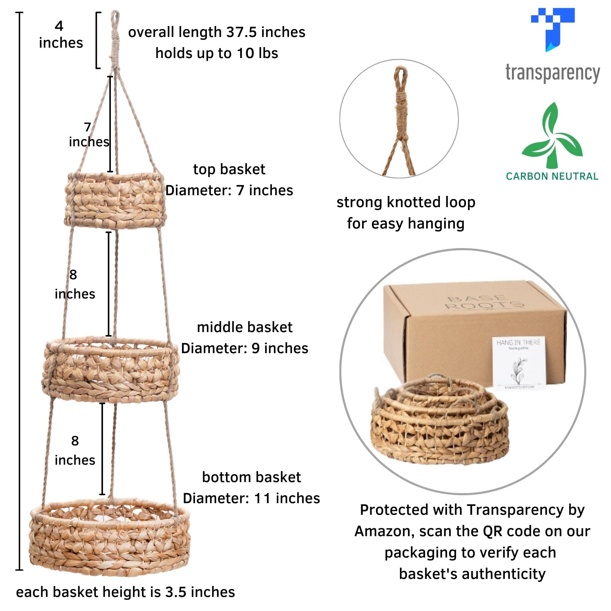 Hanging Fruit Basket 3 Tier for Kitchen, Handmade Natural Rattan Handwoven Wicker Seagrass Woven Wall Baskets Vegetable Organizer Produce Fruit Holder Counter Space Saver Storage Boho Hanging Planter