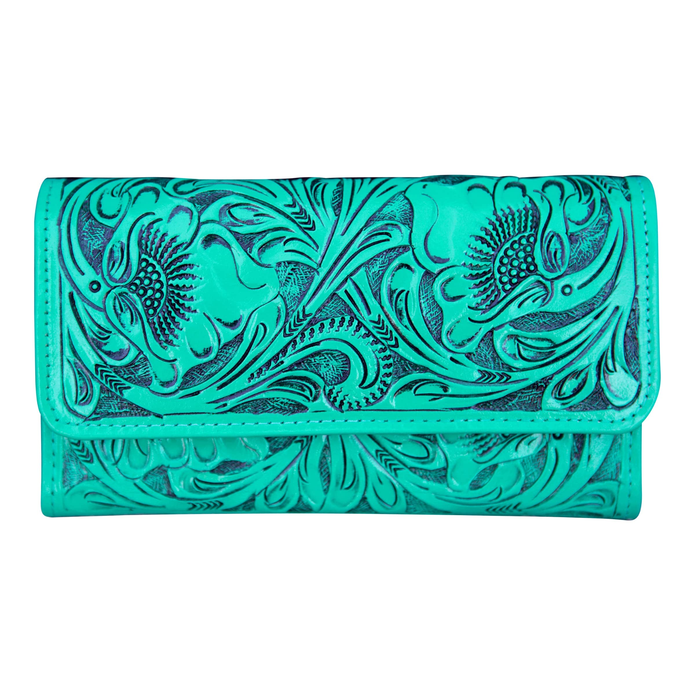 Virginia Handbags Handmade Womens Wallet. Rich and Deep Hand Tooling. (Turquoise)