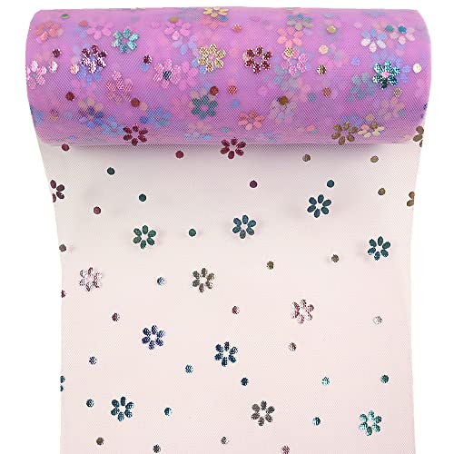Yuanchuan Floral Sequin Glitter Tulle Rolls 6 inch x 10 Yards (30 feet) Purple for Table Runner Chair Sash Bow Pet Tutu Skirt Sewing Crafting Fabric Wedding Birthday Ribbon (Purple)
